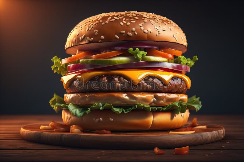 Big Tasty Hamburger on Wooden Table. Ai Generative Stock Illustration ...