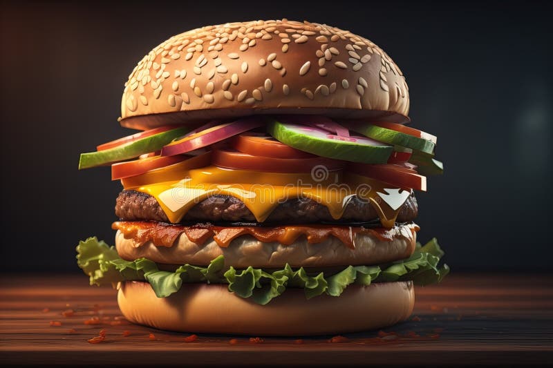 Big Tasty Hamburger on Wooden Table. Ai Generative Stock Illustration ...