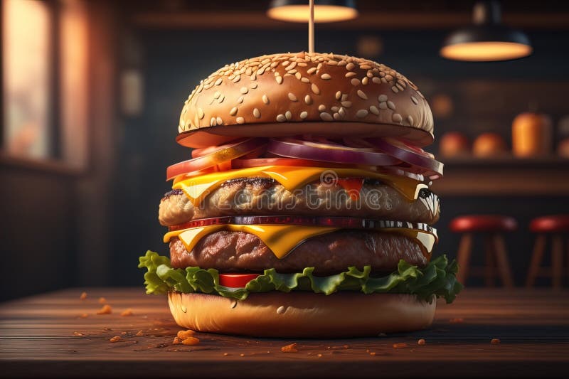 Big Tasty Hamburger on Wooden Table. Ai Generative Stock Illustration ...