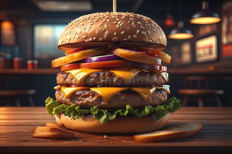 Big Tasty Hamburger on Wooden Table. Ai Generative Stock Illustration ...
