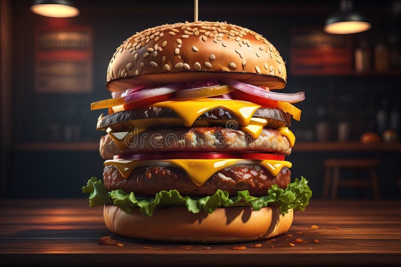 Big Tasty Hamburger on Wooden Table. Ai Generative Stock Illustration ...