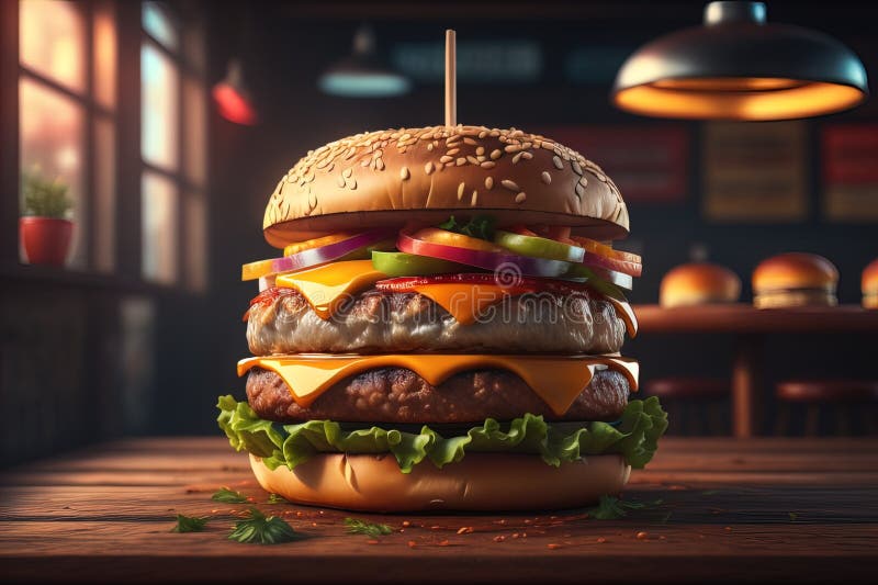 Big Tasty Hamburger on Wooden Table. Ai Generative Stock Photo - Image ...