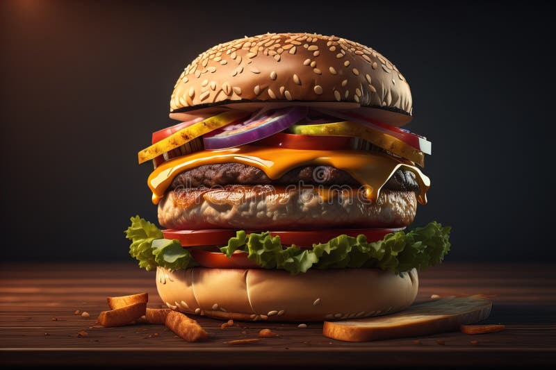 Big Tasty Hamburger on Wooden Table. Ai Generative Stock Illustration ...