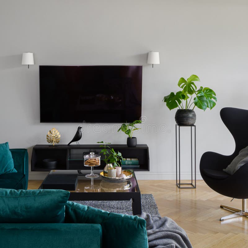 Big Television Screen in Stylish Living Room Stock Photo - Image of ...