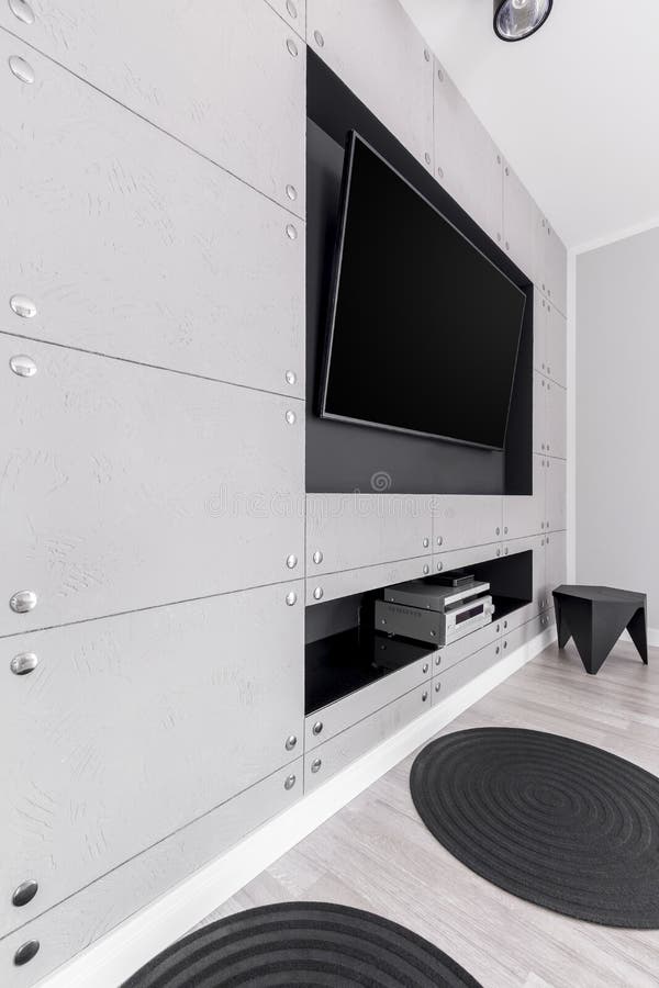 Big television on wall stock image. Image of room, space - 90876373