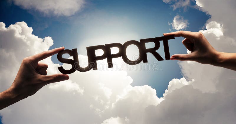 Big Text Support in Woman Hands in Front of Blue Sky with Clouds Stock ...