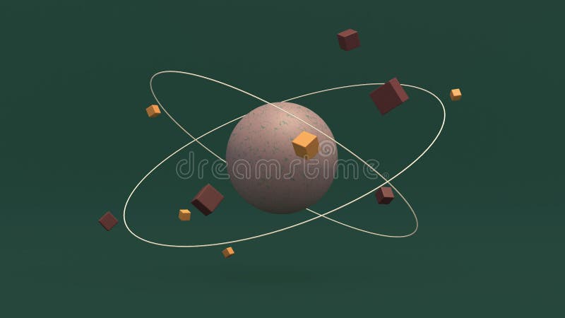 Big Textured Sphere and Orbiting Cubes. Green Background. Abstract ...