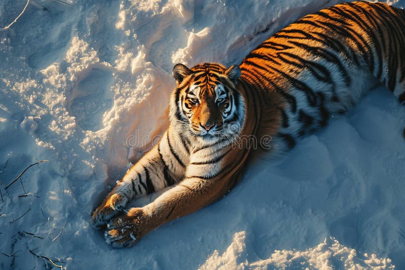 Big Tiger Lies on the Snow Top View Stock Illustration - Illustration ...