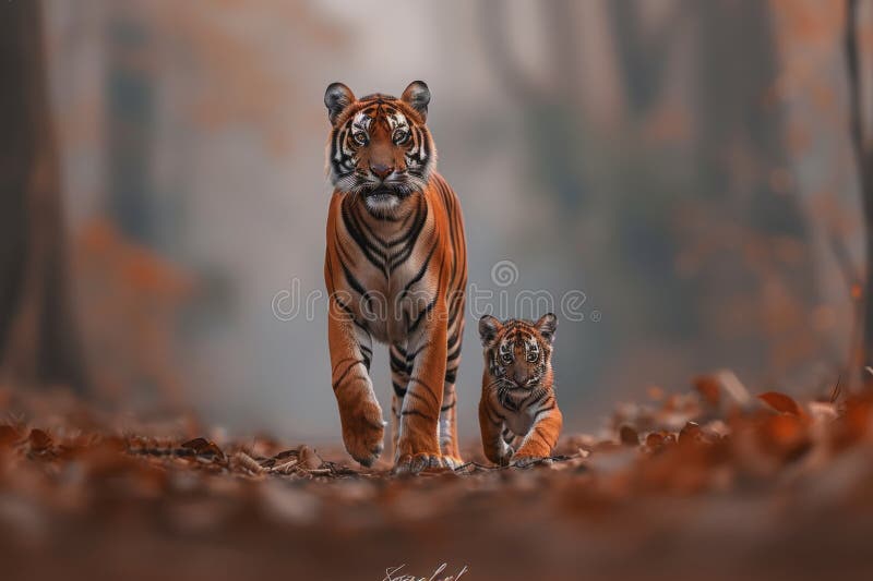Big Tiger with Small Tiger Cubs, Tiger Family in Nature Stock Photo ...