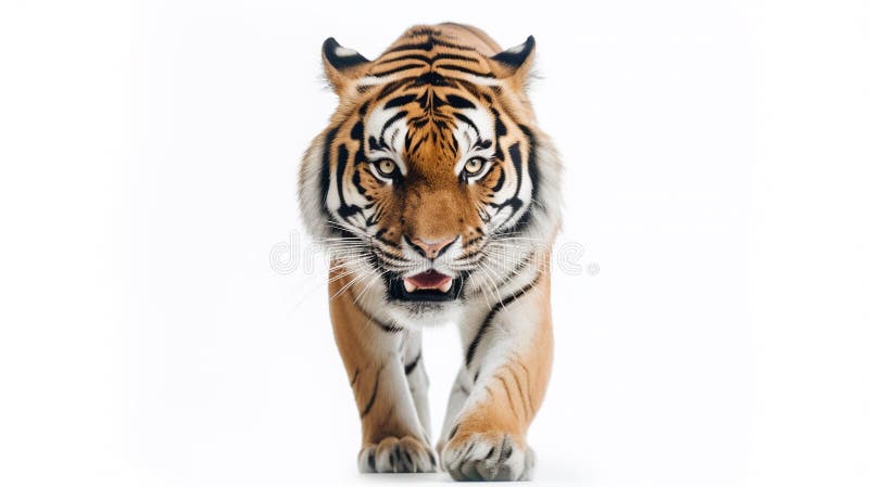 Big Tiger Walking and Baring Teeth, Front View, on White Background ...