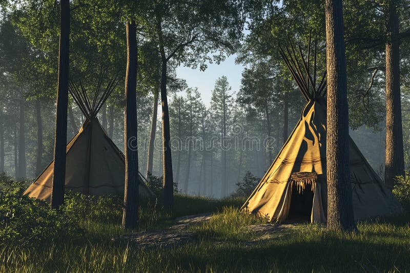 Big Tipi in Green Forest with Sunset Stock Illustration - Illustration ...