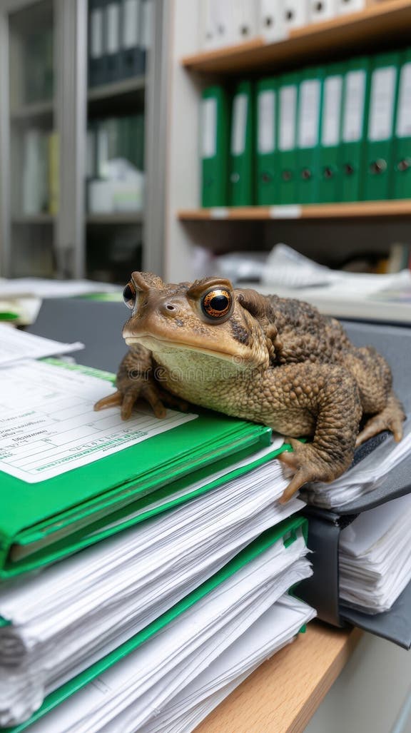Big Toad on a Stack of Documents and File Folders in an Office ...