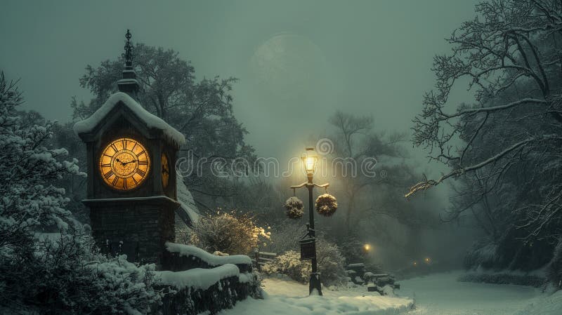 A Big Tower Clock on a Winter S Evening. Stock Illustration ...