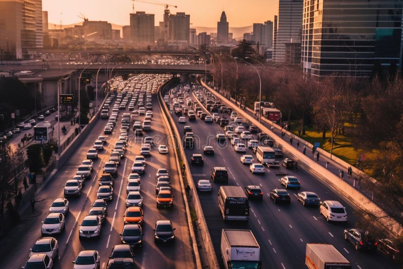 Big Traffic Jam in City. Cityscape Stock Illustration - Illustration of ...