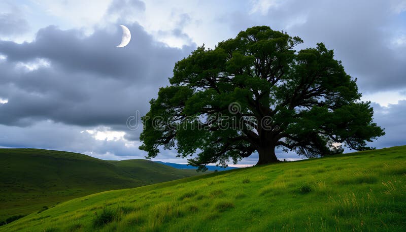 Big Tree Above a Valley of Green Grass, Under a Cloudy Sky and a Large ...