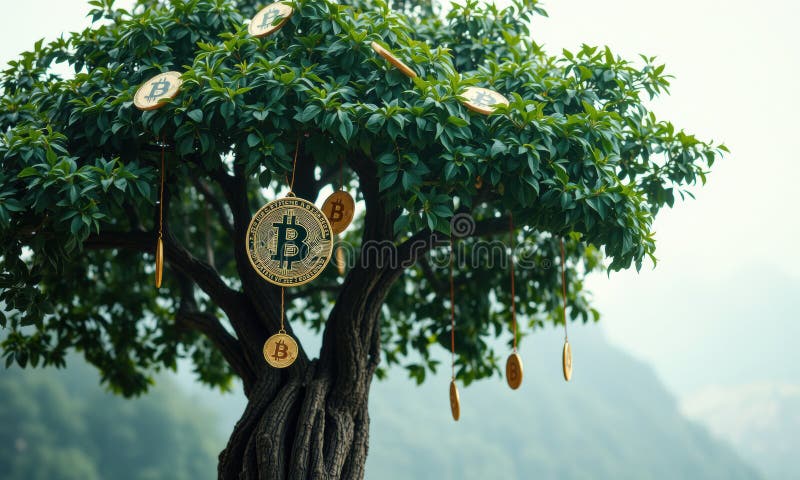 Big Tree with Bitcoin Coins Hanging from Its Branches Stock ...