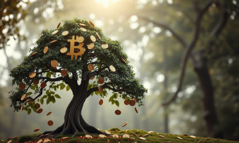 Big Tree with Bitcoin Symbols and Coins Falling Stock Illustration ...