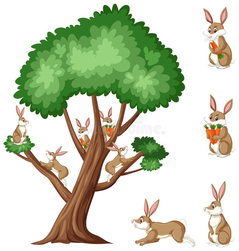 Big Tree and Brown Rabbits with Carrots on White Background Stock ...