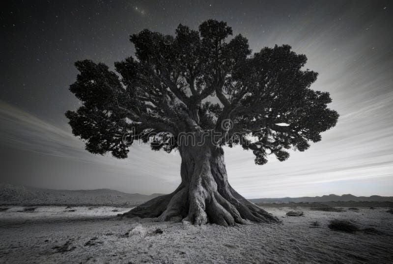 Big Tree in the Desert of Namibia. Black and White Image Stock ...