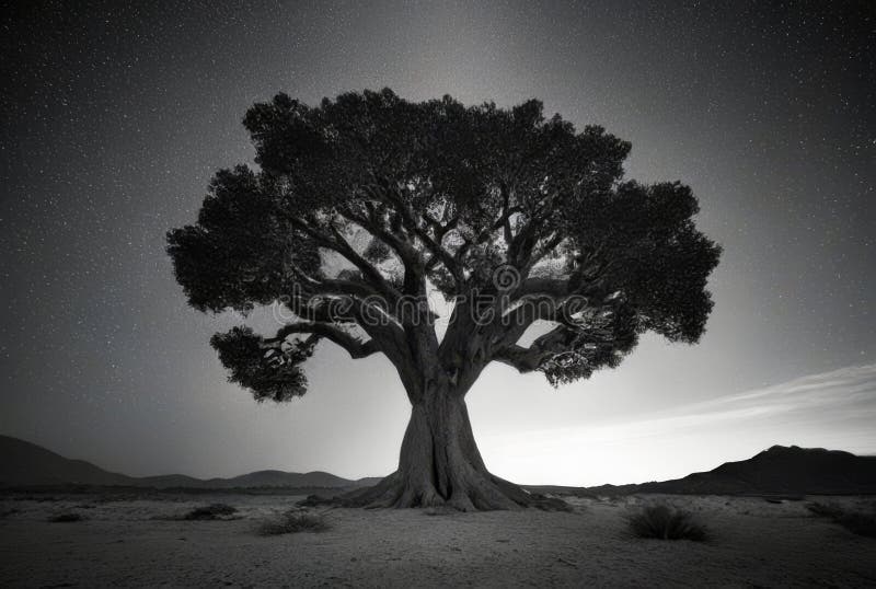 Big Tree in the Desert of Namibia. Black and White Image Stock ...