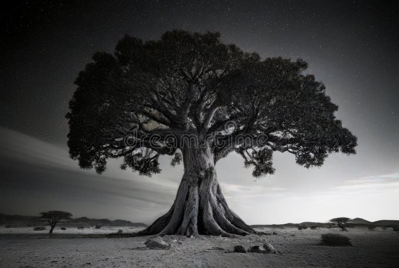 Big Tree in the Desert of Namibia. Black and White Image Stock ...