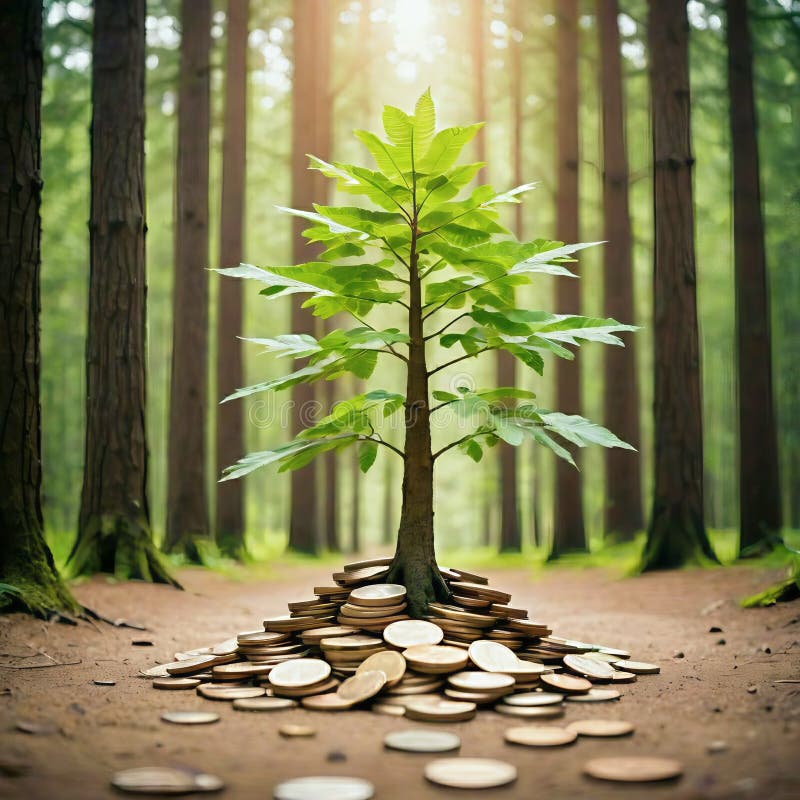 A Big Tree Grows from a Pile of Small Coins Stock Illustration ...