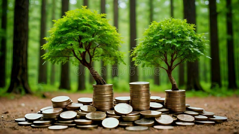 A Big Tree Grows from a Pile of Small Coins Stock Illustration ...
