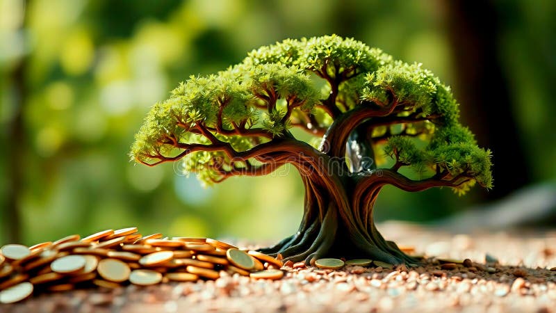 A Big Tree Grows from a Pile of Small Coins Stock Illustration ...