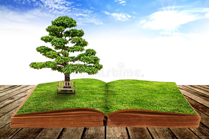 Open Book with Magical Green Tree and Rays of Light Stock Image - Image ...