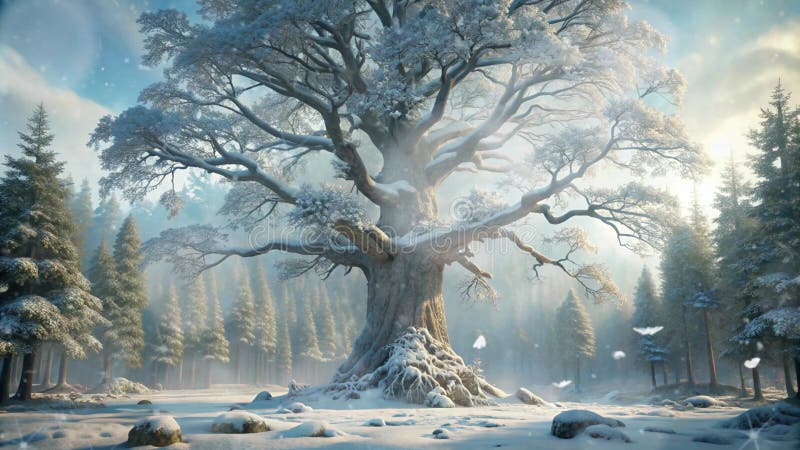 A Big Tree in the Middle of a Forest Covered in Thick Snow Stock Video ...