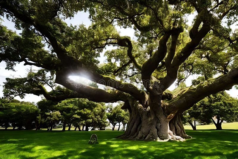 A Big Tree with Multiple Branches in a Park. a Sunny Morning, Sun Beam ...