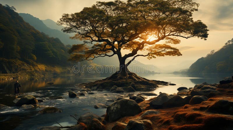 A Big Tree during Near the River Stock Illustration - Illustration of ...