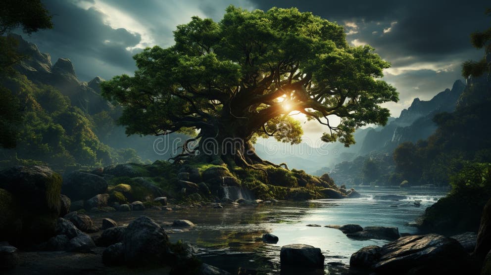 A Big Tree during Near the River Stock Illustration - Illustration of ...