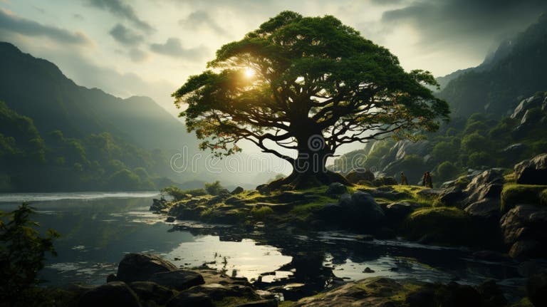 A Big Tree during Near the River Stock Illustration - Illustration of ...