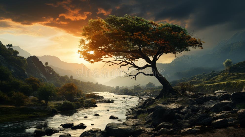 A Big Tree during Near the River Stock Illustration - Illustration of ...