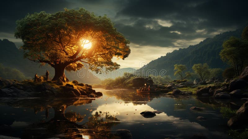 A Big Tree during Near the River Stock Illustration - Illustration of ...