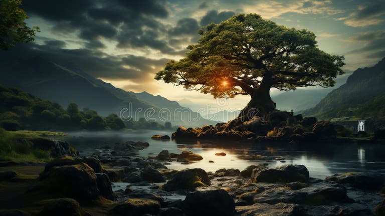 A Big Tree during Near the River Stock Illustration - Illustration of ...