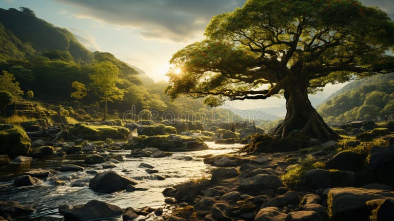 A Big Tree during Near the River Stock Illustration - Illustration of ...