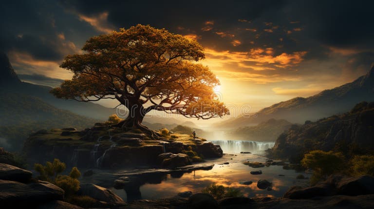 A Big Tree during Near the River Stock Illustration - Illustration of ...