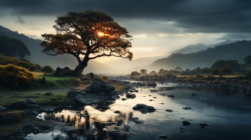 A Big Tree during Near the River Stock Illustration - Illustration of ...