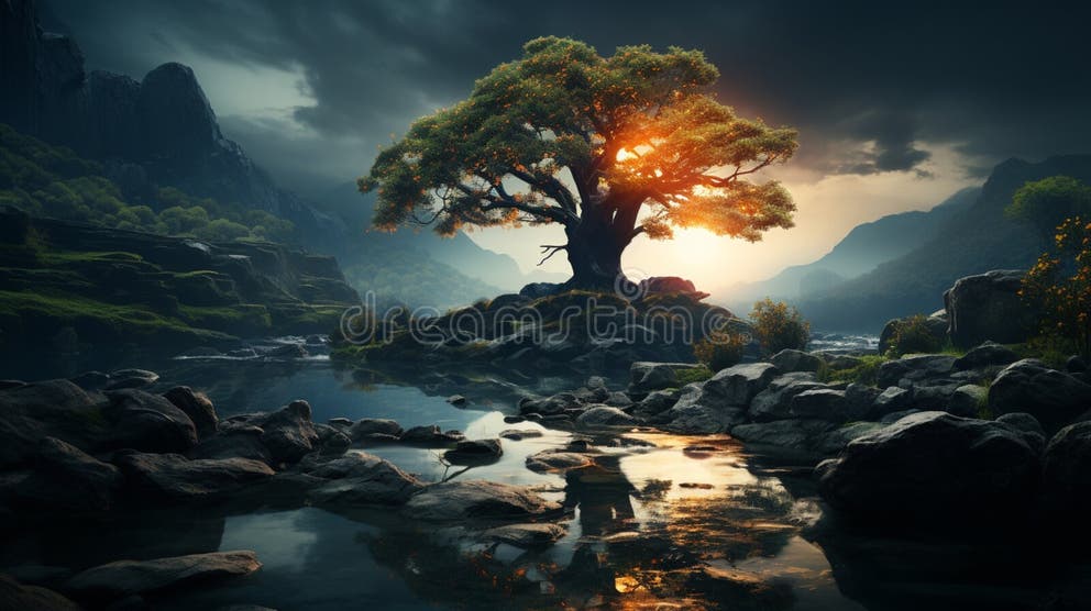 A Big Tree during Near the River Stock Illustration - Illustration of ...