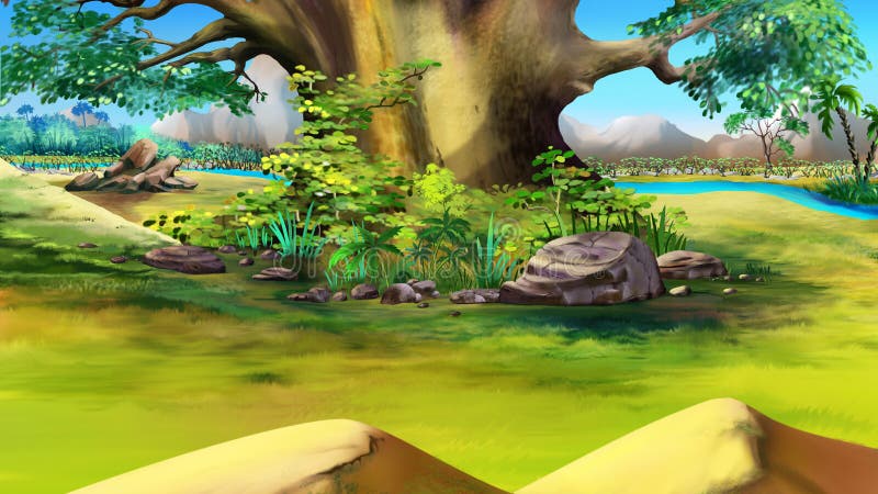 Big Tree Near the River in a Summer Day Stock Illustration ...