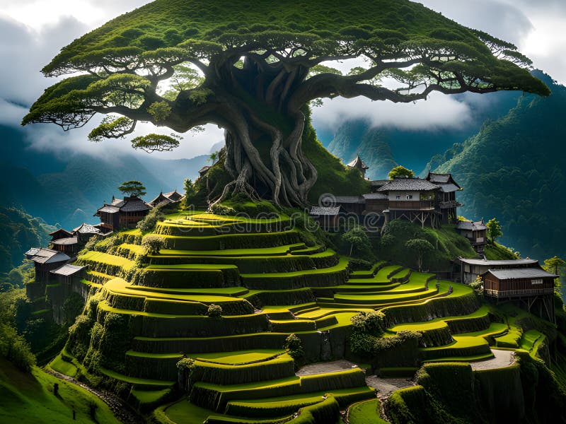 Big Tree and Rice Field on the Mountains Stock Illustration ...