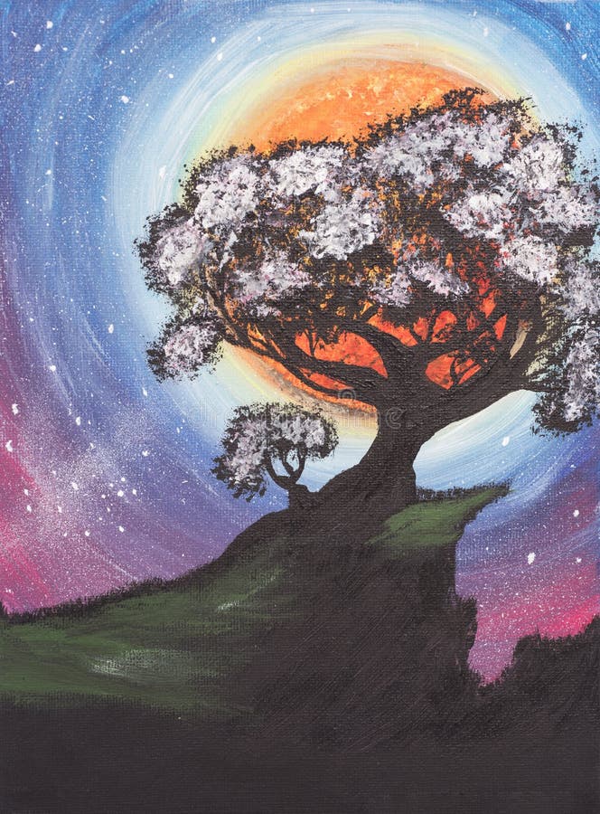 A Big Tree on a Rock Cliff. Abstract Fantasy Drawing. Stock ...