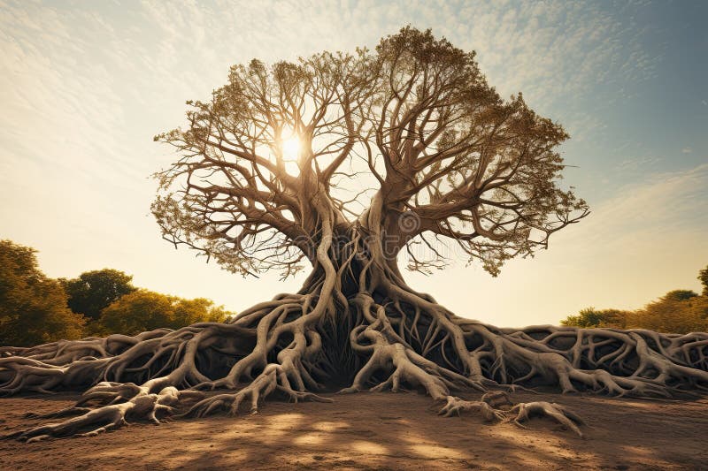 Big Tree with Roots in the Desert at Sunset. Africa, Kenya, AI ...