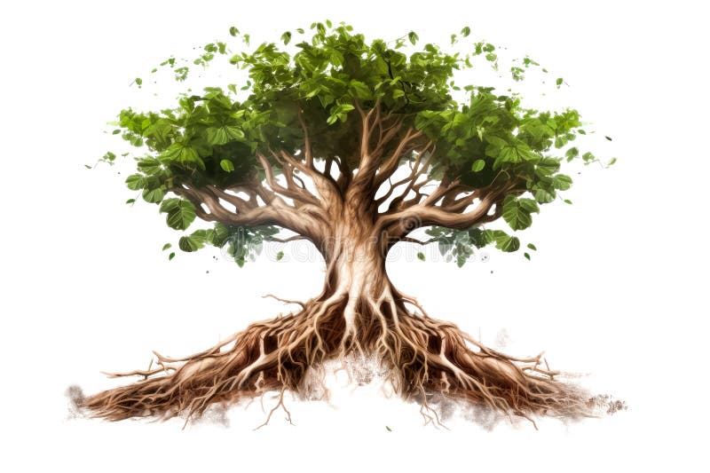 Big Tree with Roots and Leaves Isolated on White Background. Stock ...