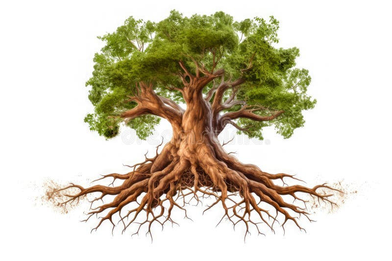 Big Tree with Roots and Leaves Isolated on White Background. Stock ...