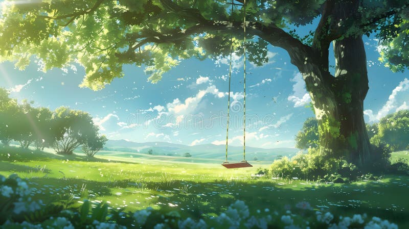 Big Tree with a Swing Hanging from the Branch in a Green Field Anime ...