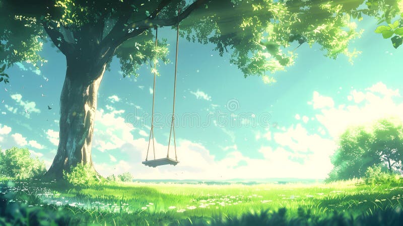 Big Tree with a Swing Hanging from the Branch in a Green Field Anime ...
