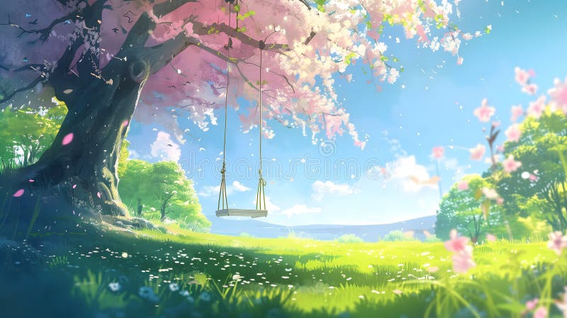 Big Tree with a Swing Hanging from the Branch in a Green Field Anime ...